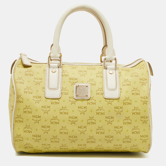 MCM | Bags | Mcm Limewhite Visetos Coated Canvas And Leather Boston Bag ...